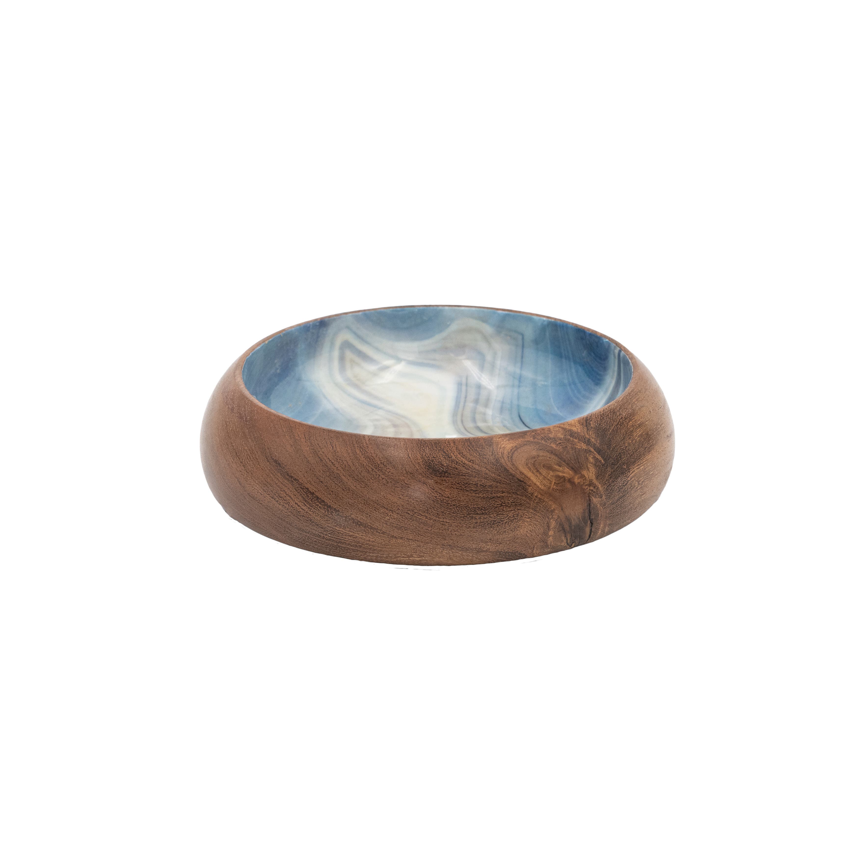 Storied Home Round Enameled Acacia Wood Bowl, Marbled Blue and Natural ...