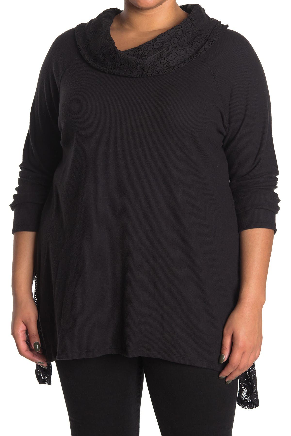 ONE WORLD Brushed Waffle Knit Lace Cowl Neck Poncho | Nordstromrack