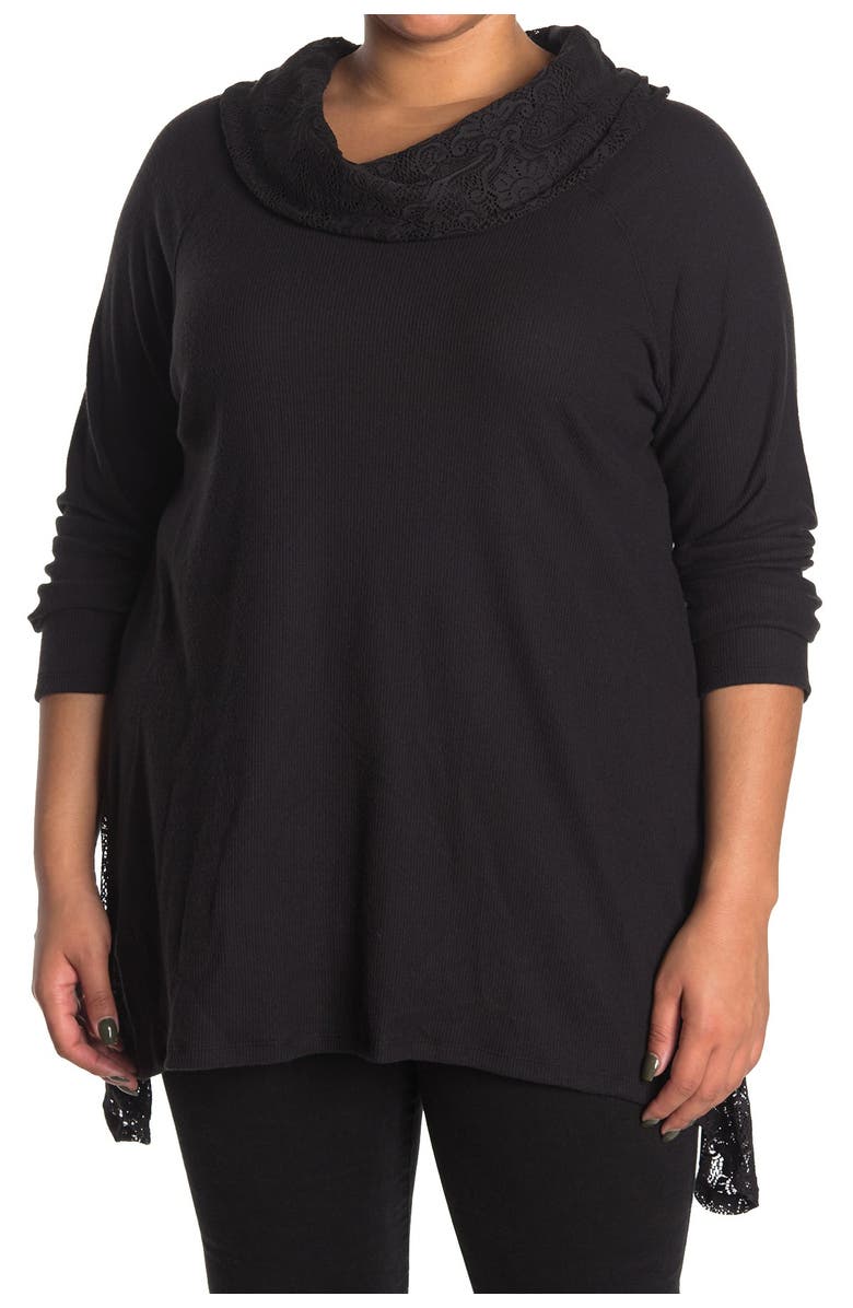 ONE WORLD Brushed Waffle Knit Lace Cowl Neck Poncho | Nordstromrack