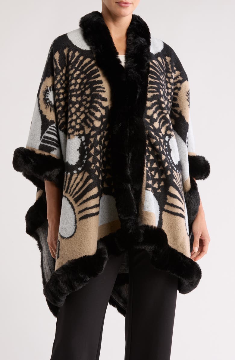 PATRIZIA LUCA Floral Faux Fur Trim Cape | Nordstromrack