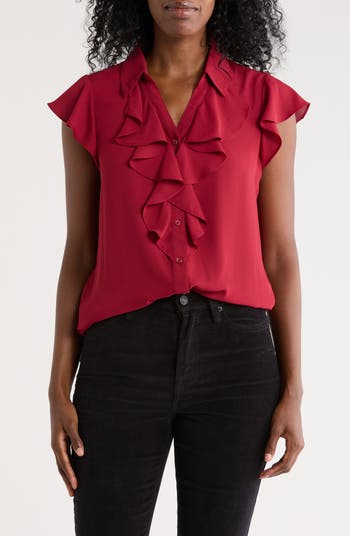 Calvin Klein Cap Sleeve Ruffle Button-Up Top | Nordstromrack
