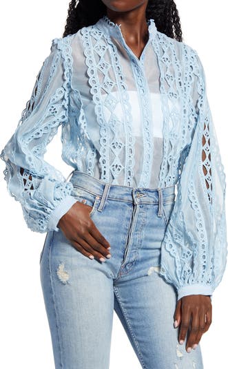 Endless Rose Lace Trim Button-Up Blouse | Nordstrom