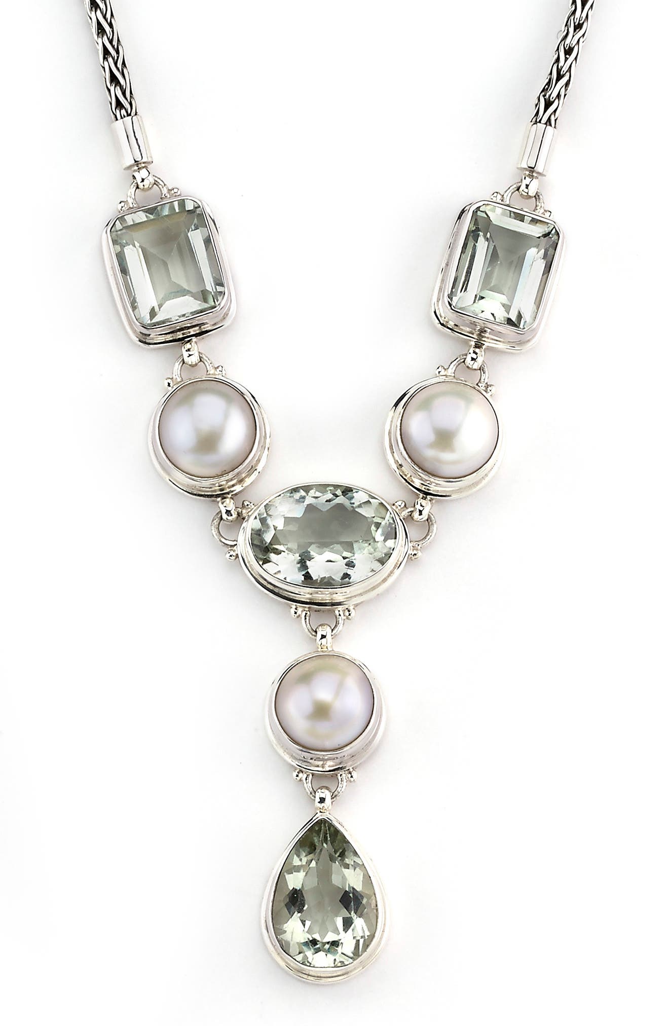 SAMUEL B. Sterling Silver Prasiolite & 11mm Pearl Y-Drop Necklace ...