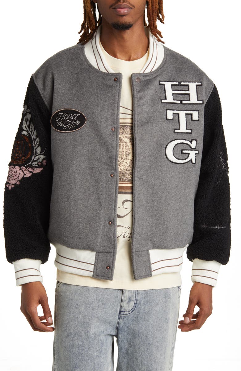 HONOR THE GIFT Letterman Faux Shearling Sleeve Varsity Bomber Jacket ...