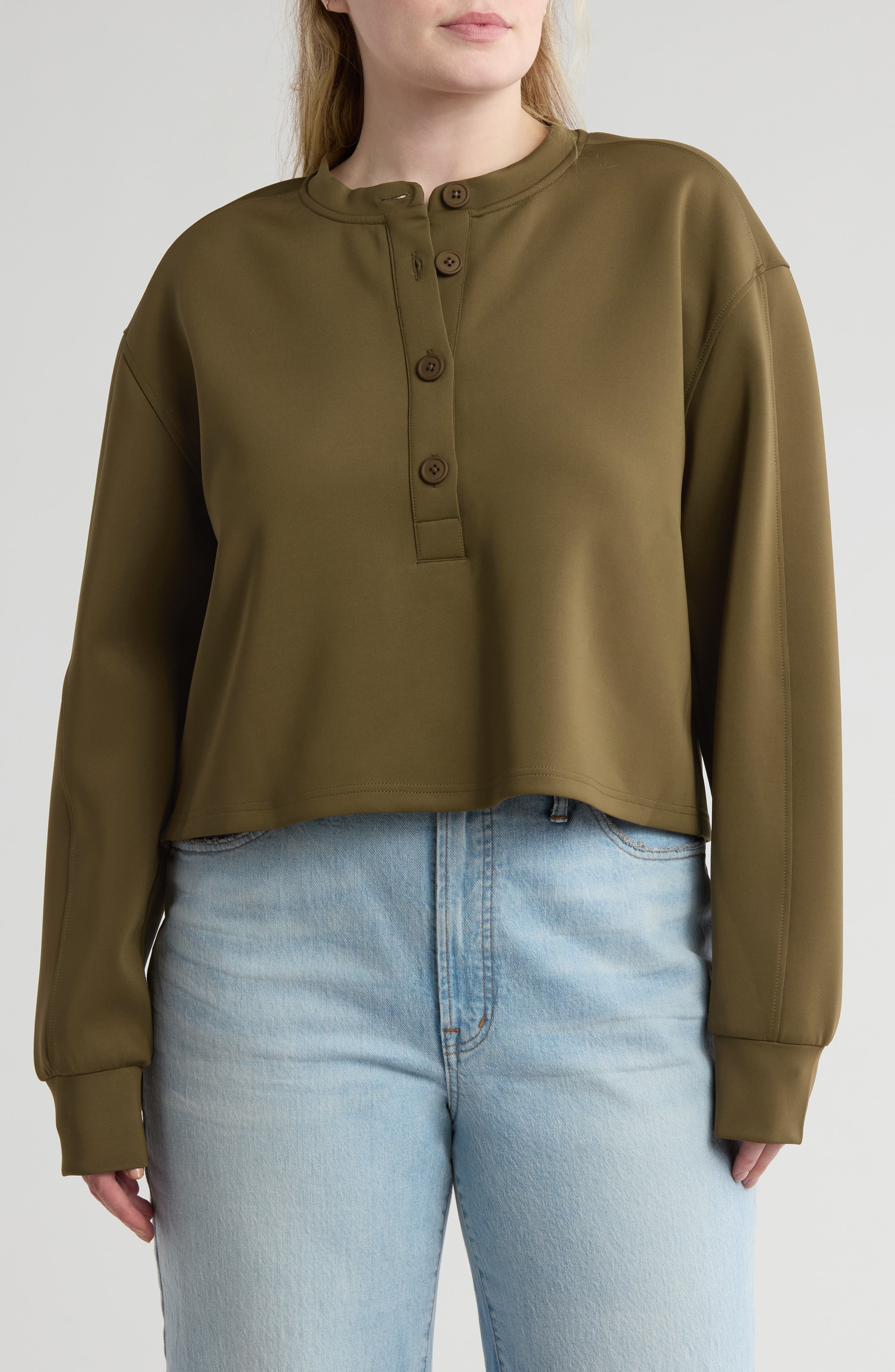 Good American Long Sleeve Scuba Crop Henley | Nordstromrack