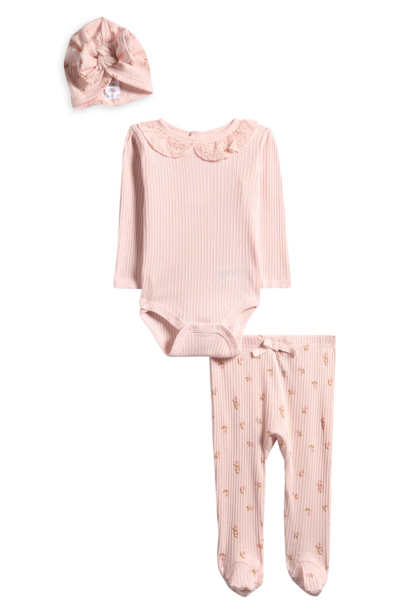 Rachel Zoe Lace Trim Bodysuit, Footed Pants & Hat Set | Nordstromrack
