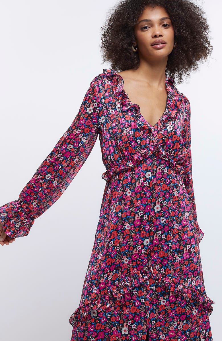 River Island Millie Floral Frill Neck Long Sleeve Midi Dress ...