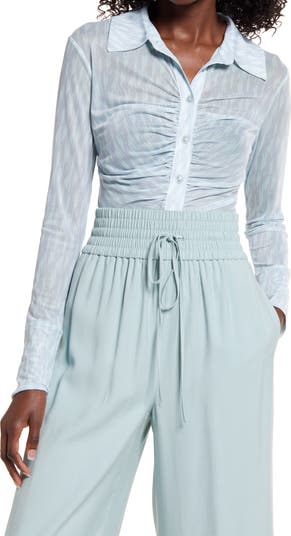 Open Edit Ruched Mesh Button-Up Shirt | Nordstrom
