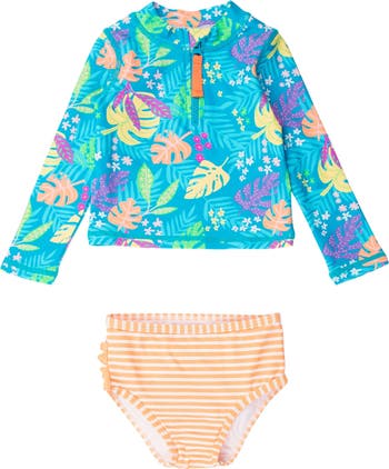 RuffleButts Toddler Girls UPF50+ Long Sleeve Zipper Rash Guard 2-Piece ...