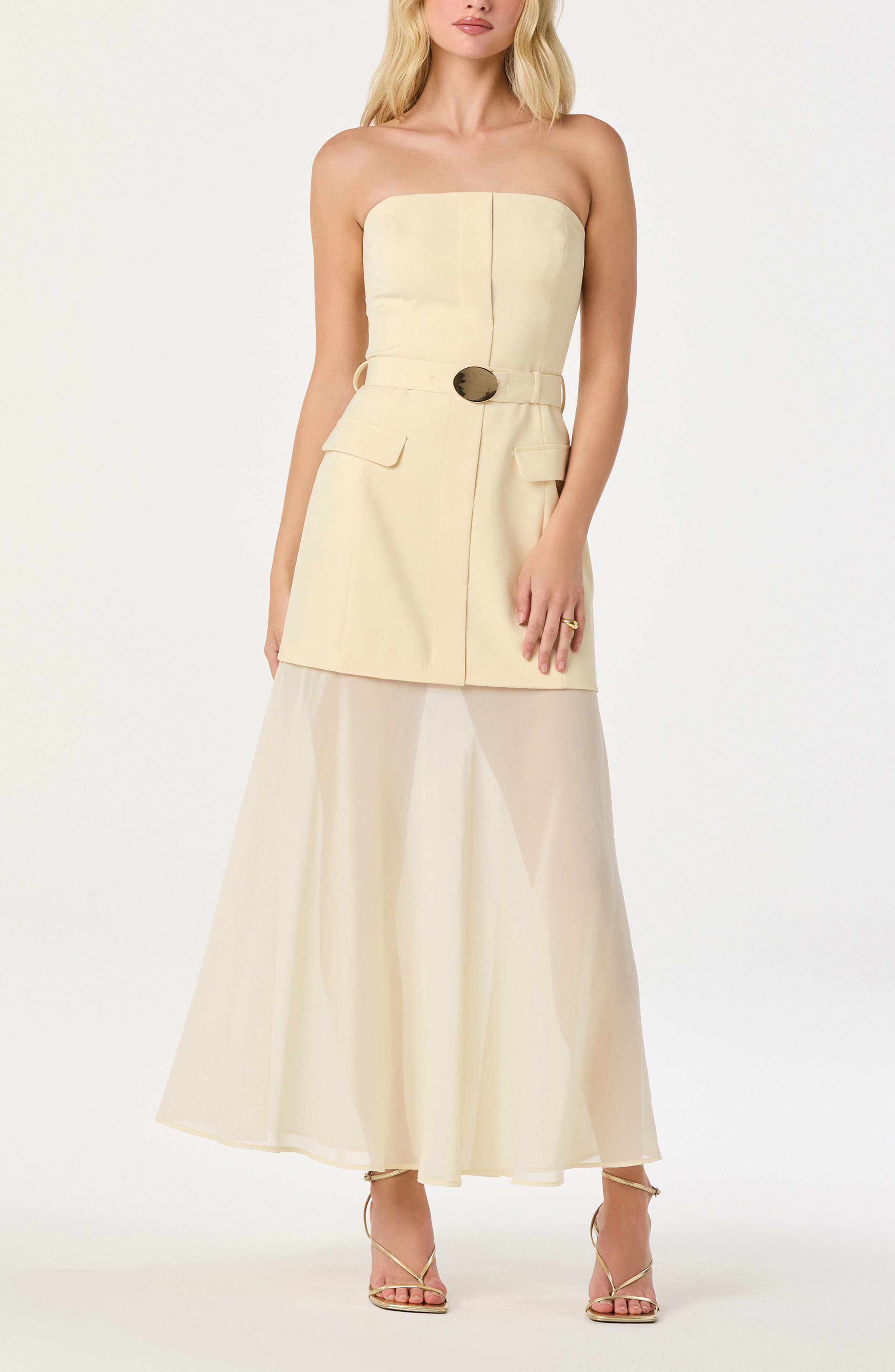 ASTR the Label Strapless Mixed Media Belted Midi Dress | Nordstrom
