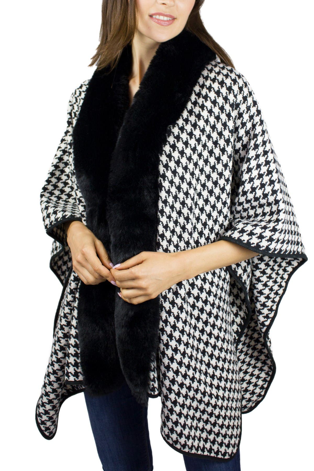 JUST JAMIE Faux Mink Fur Houndstooth Ruana | Nordstromrack