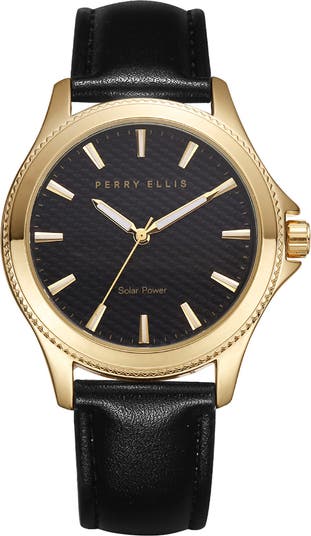 Perry Ellis Solar Powered 3-Hand Quartz Leather Strap Watch, 41mm ...