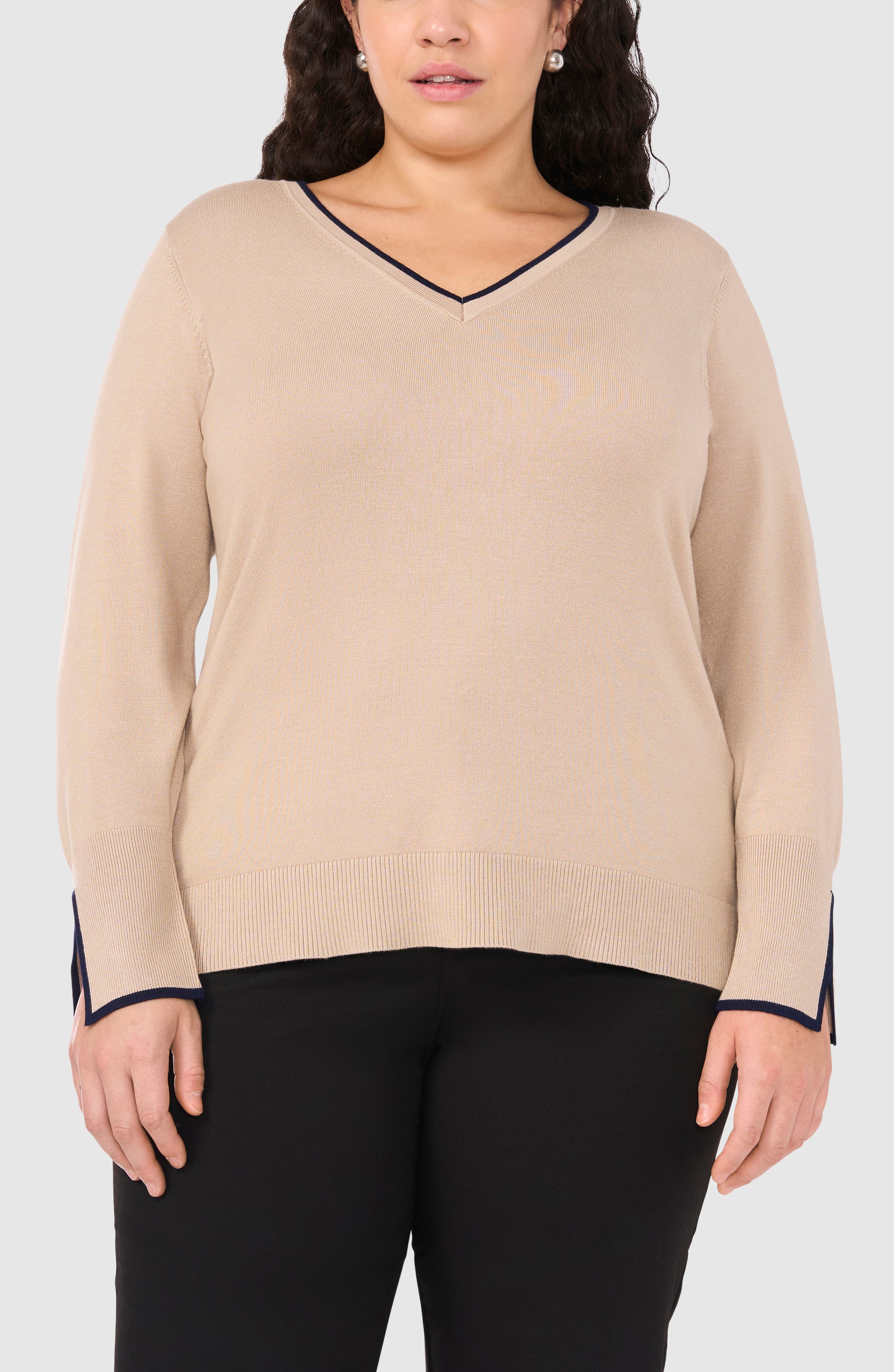 Halogen® Tipped Split Cuff V-Neck Sweater | Nordstromrack