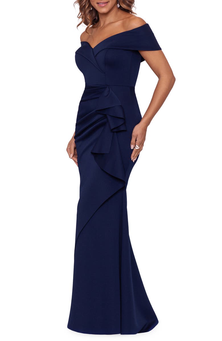 Xscape Evenings Off the Shoulder Ruffle Scuba Crepe Gown | Nordstrom