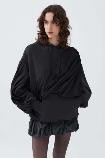 Nocturne Hooded Sweatshirt with Taffeta Drape Detail | Nordstrom
