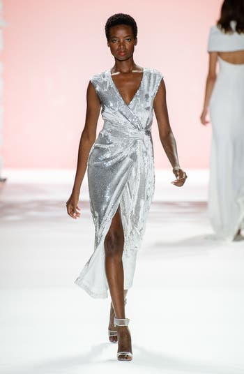 Badgley Mischka Collection Badgley Mischka Sequin Faux Wrap Midi Dress ...
