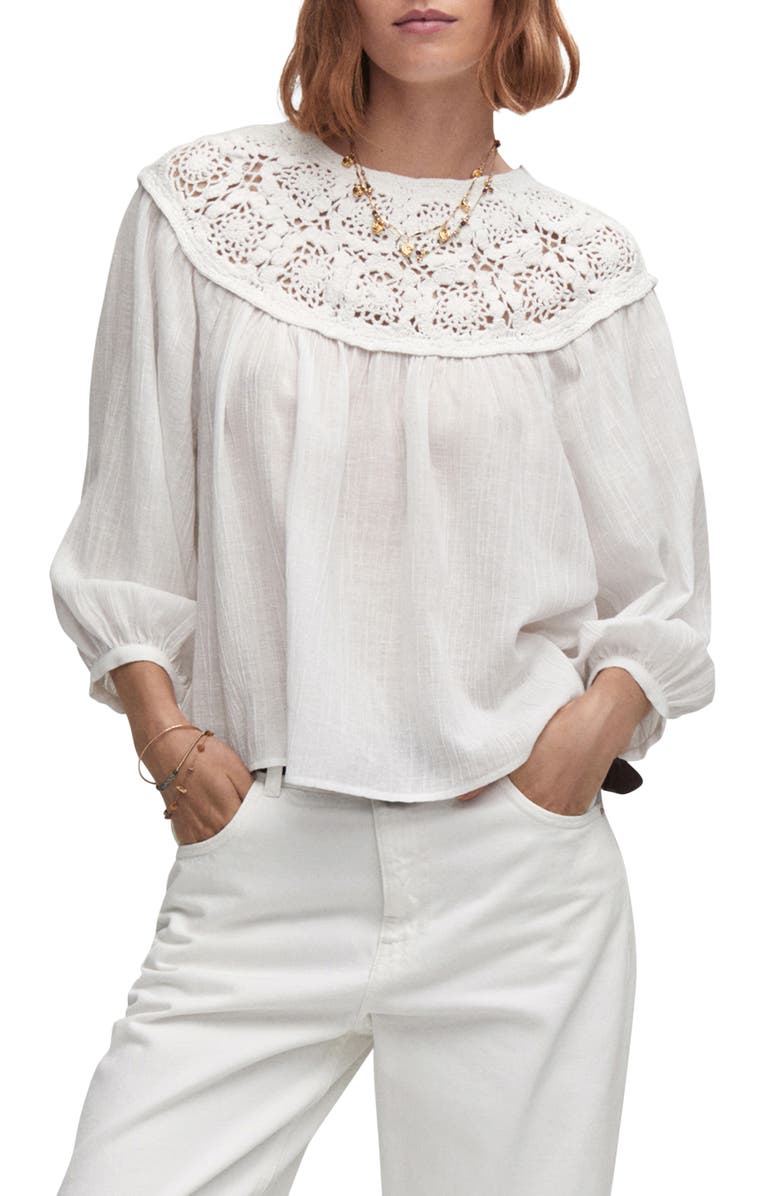 MANGO Crochet Yoke Three Quarter Sleeve Top | Nordstrom