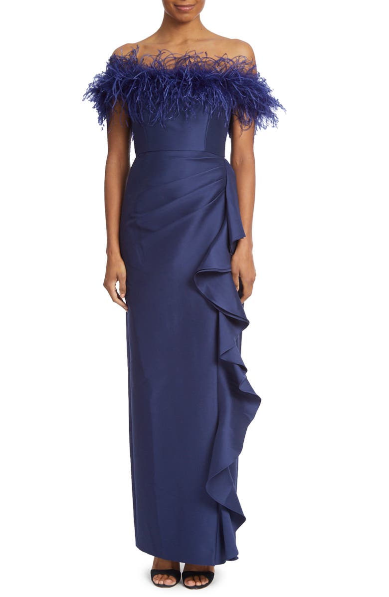 Badgley Mischka Collection Ruffle Off the Shoulder Feather Trim Gown ...