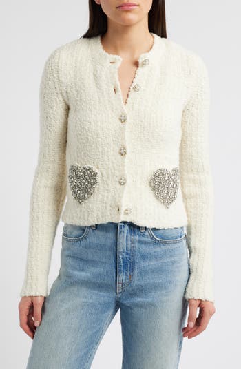LoveShackFancy Leocadia Rhinestone Heart Wool Blend Cardigan LoveShackFancy Leocadia Rhinestone Heart Wool Blend Cardigan
