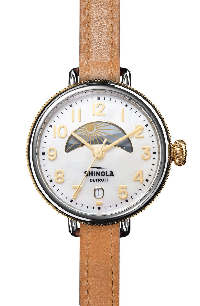 Shinola The Birdy Day & Night Phase Leather Strap Watch, 38mm | Nordstrom