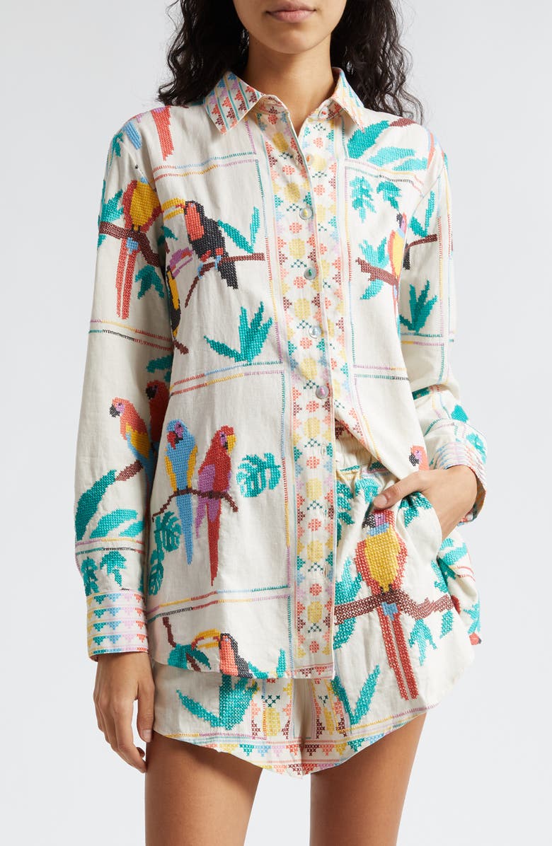 FARM Rio Tropical Stitch Linen Blend Button-Up Shirt | Nordstromrack