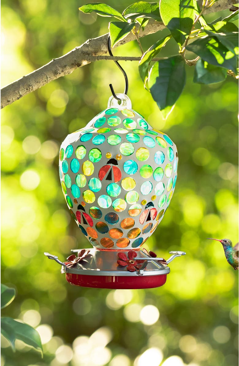 Glitzhome 8.25"H Glass Hanging Dots & Ladybugs Mosaic Birdfeeder ...