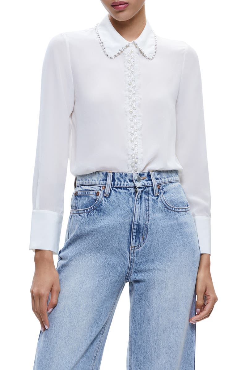 Alice + Olivia Willa Imitation Pearl Embellished Silk Button-Up Shirt ...