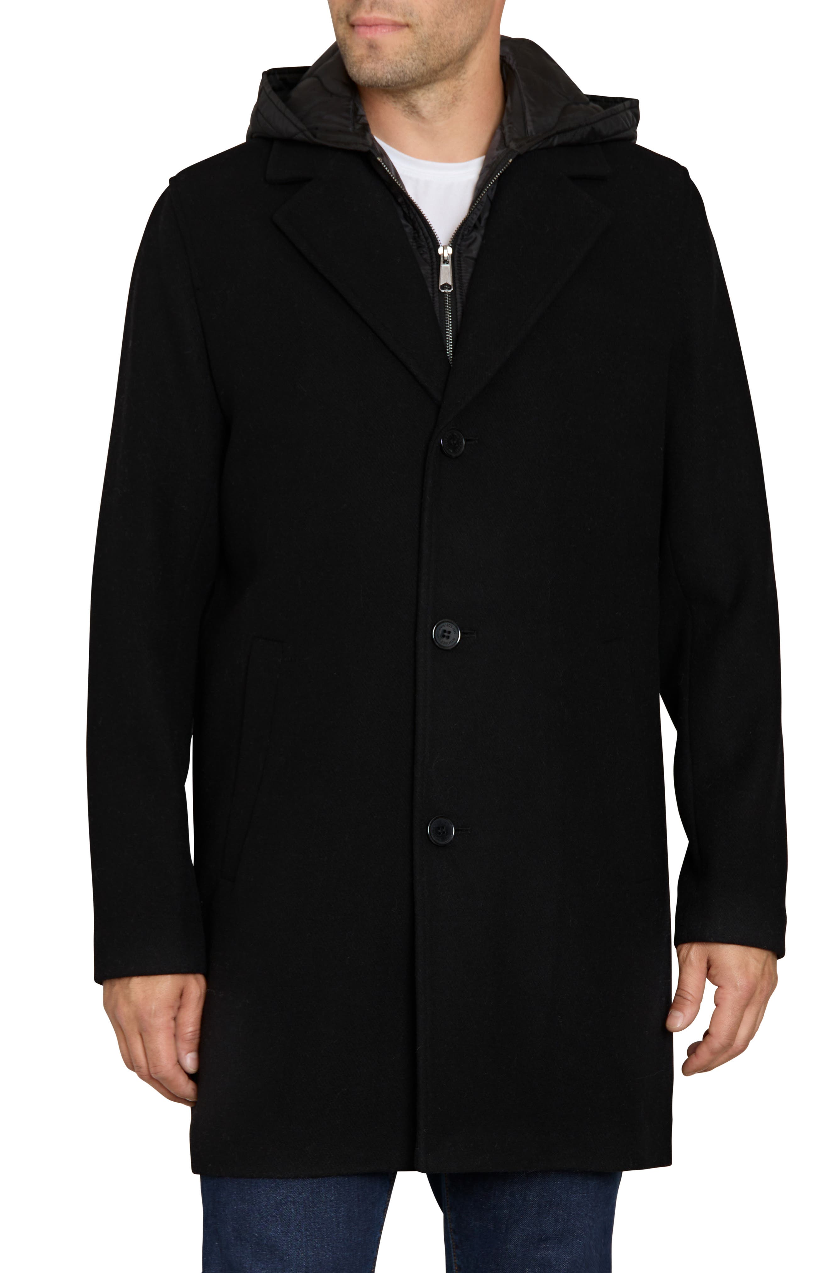 Sam Edelman Single Breasted Wool Blend Hooded Coat with Bib | Nordstromrack