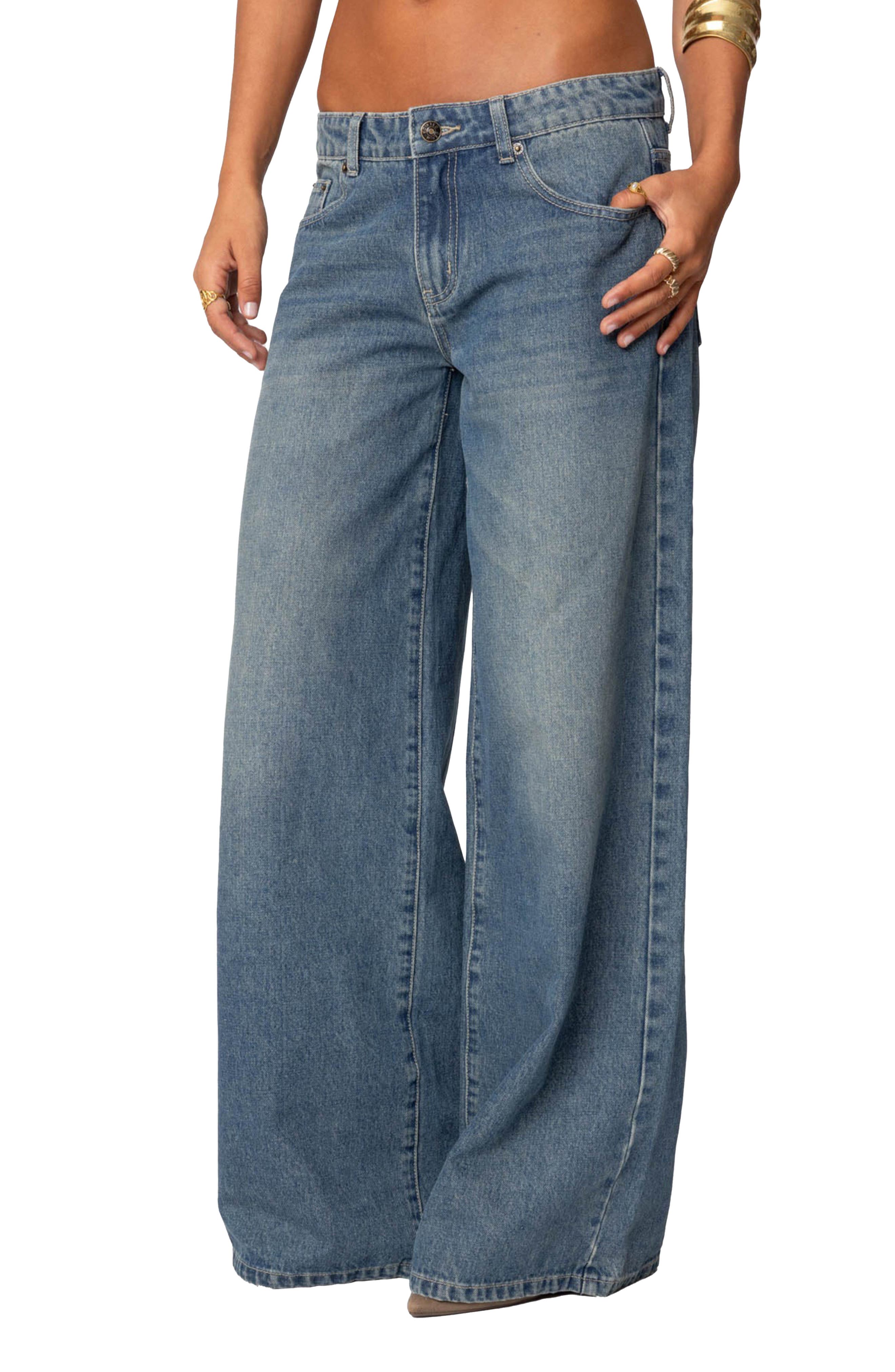 EDIKTED Vyxen Bow Print Low Rise Wide Leg Jeans | Nordstrom