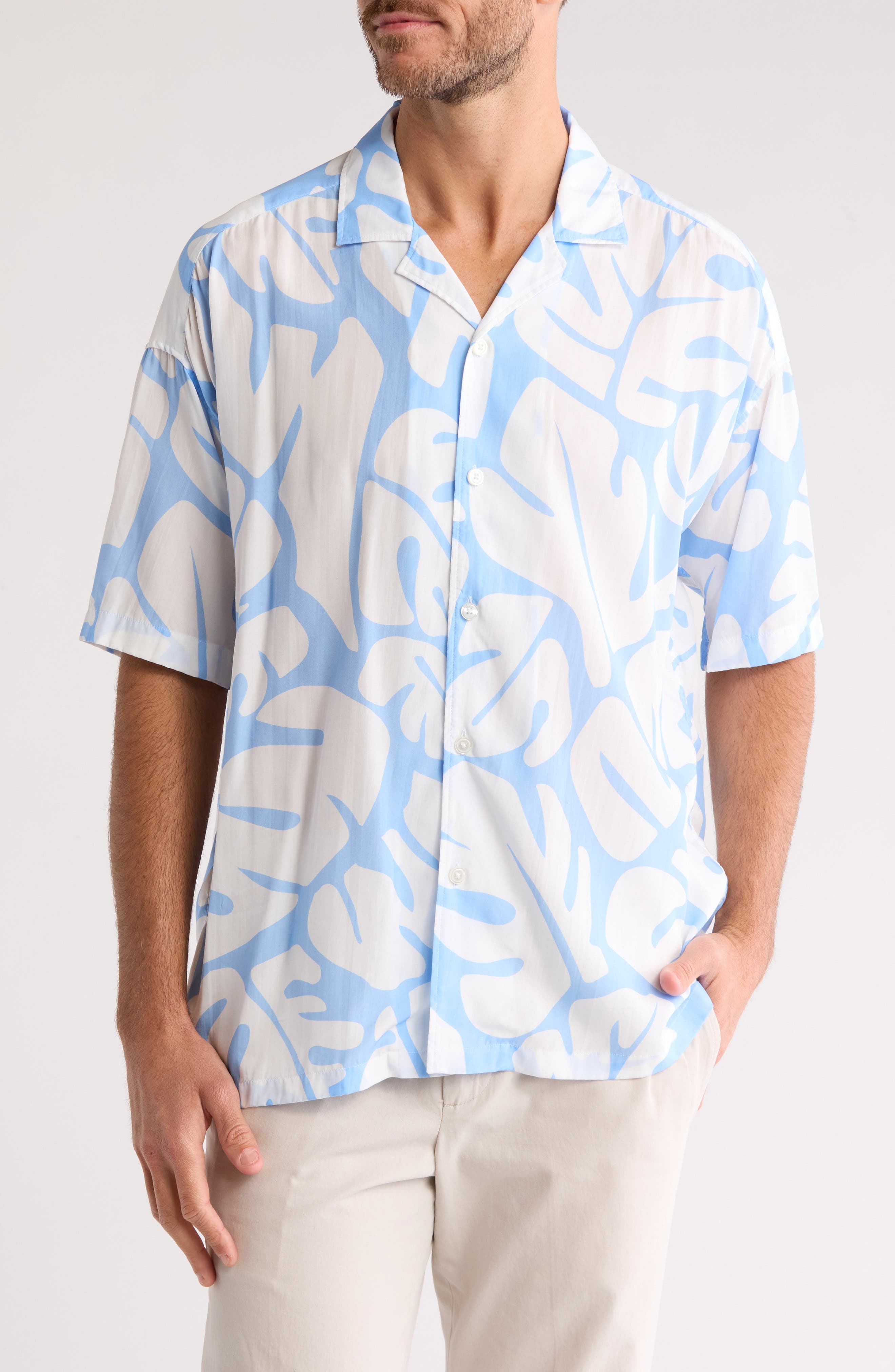 BOSS Drew Palm Leaf Lyocell Camp Shirt | Nordstromrack
