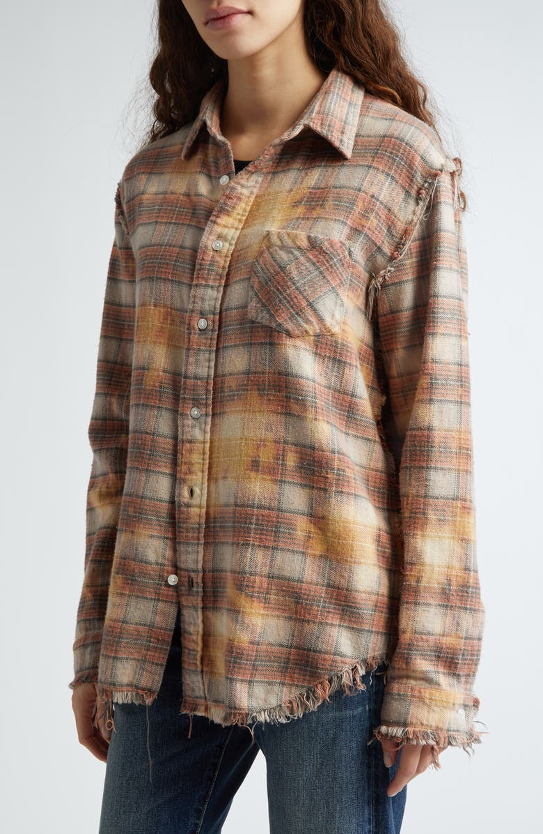 R13 Shredded Seam Oversize Bleached Plaid Cotton Flannel Button-Up ...