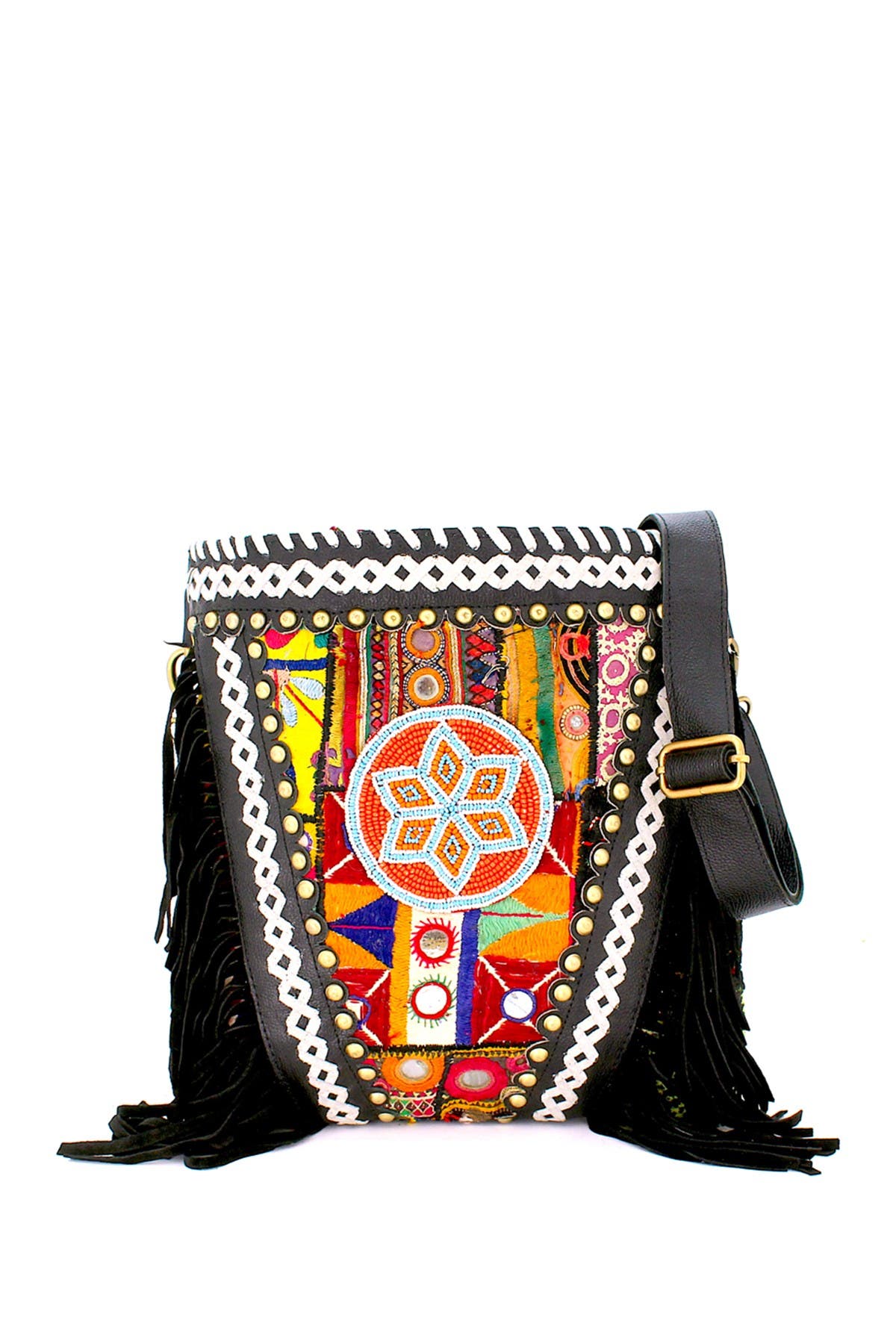 VINTAGE ADDICTION Beaded Medallion & Leather & Suede Fringe Crossbody ...