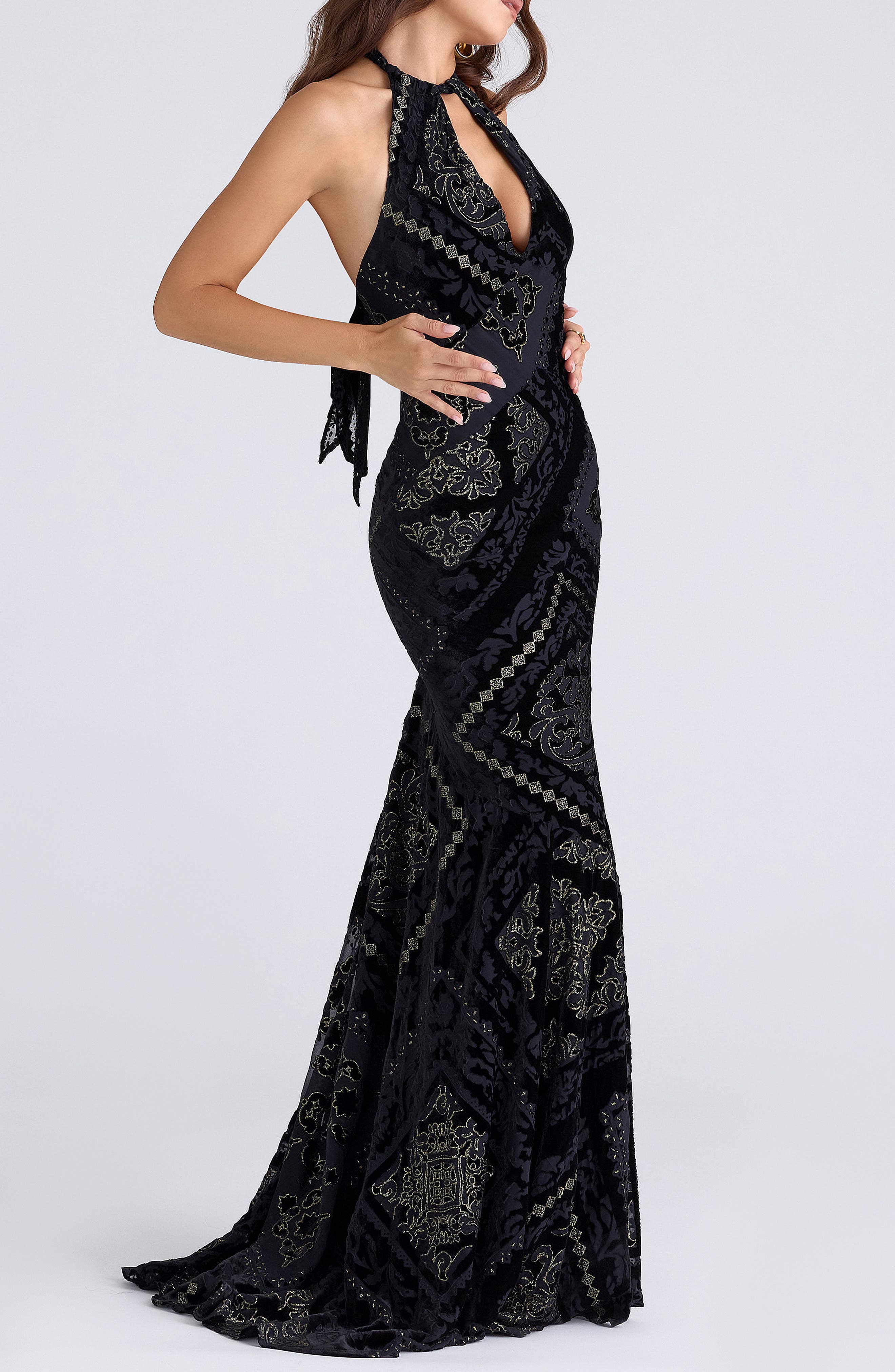 HOUSE OF CB Oliviana Cutout Foil Devoré Halter Gown | Nordstrom