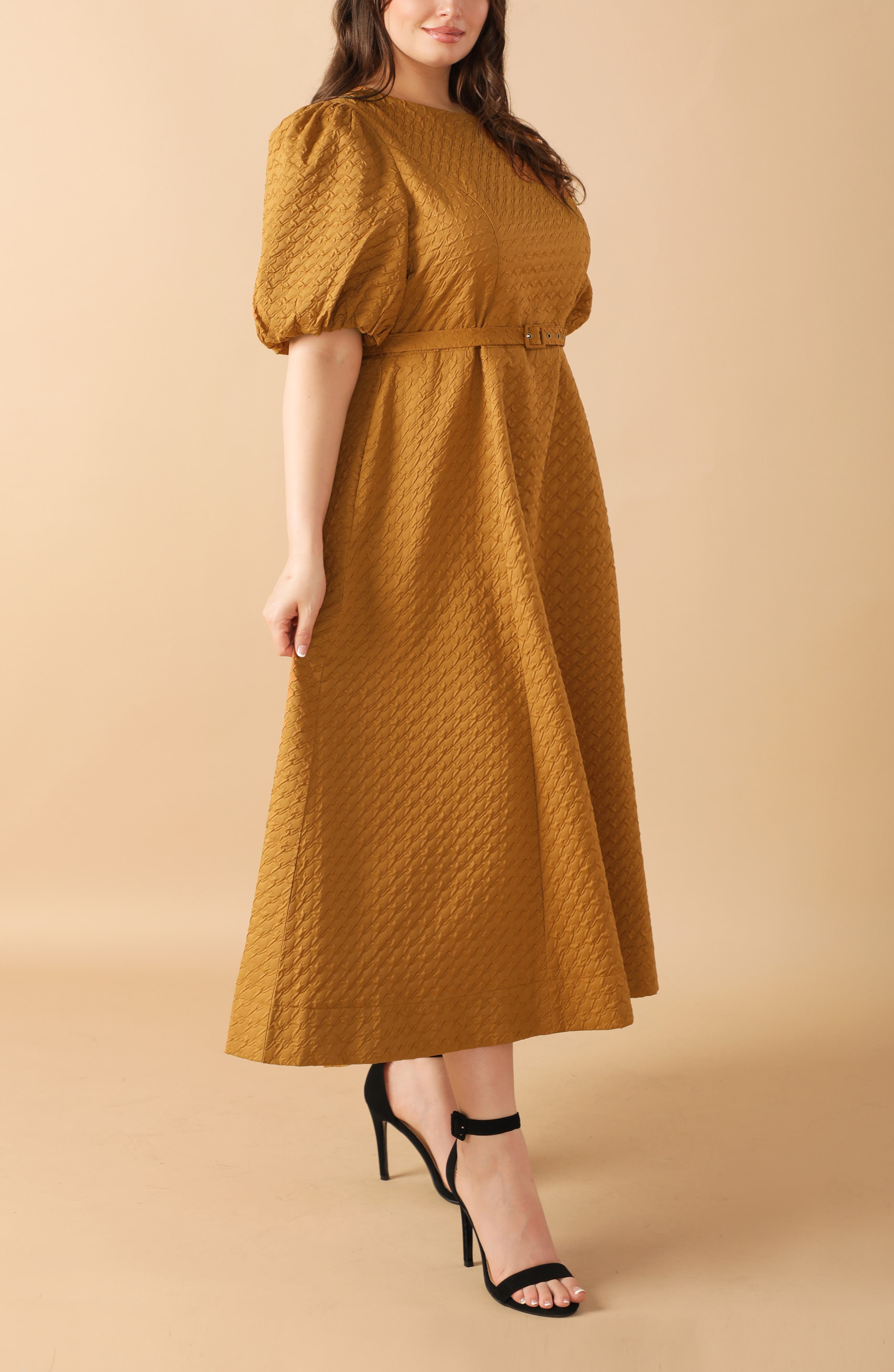 Belted Houndstooth Puff Sleeve Maxi Dress (Women) | Nordstromrack
