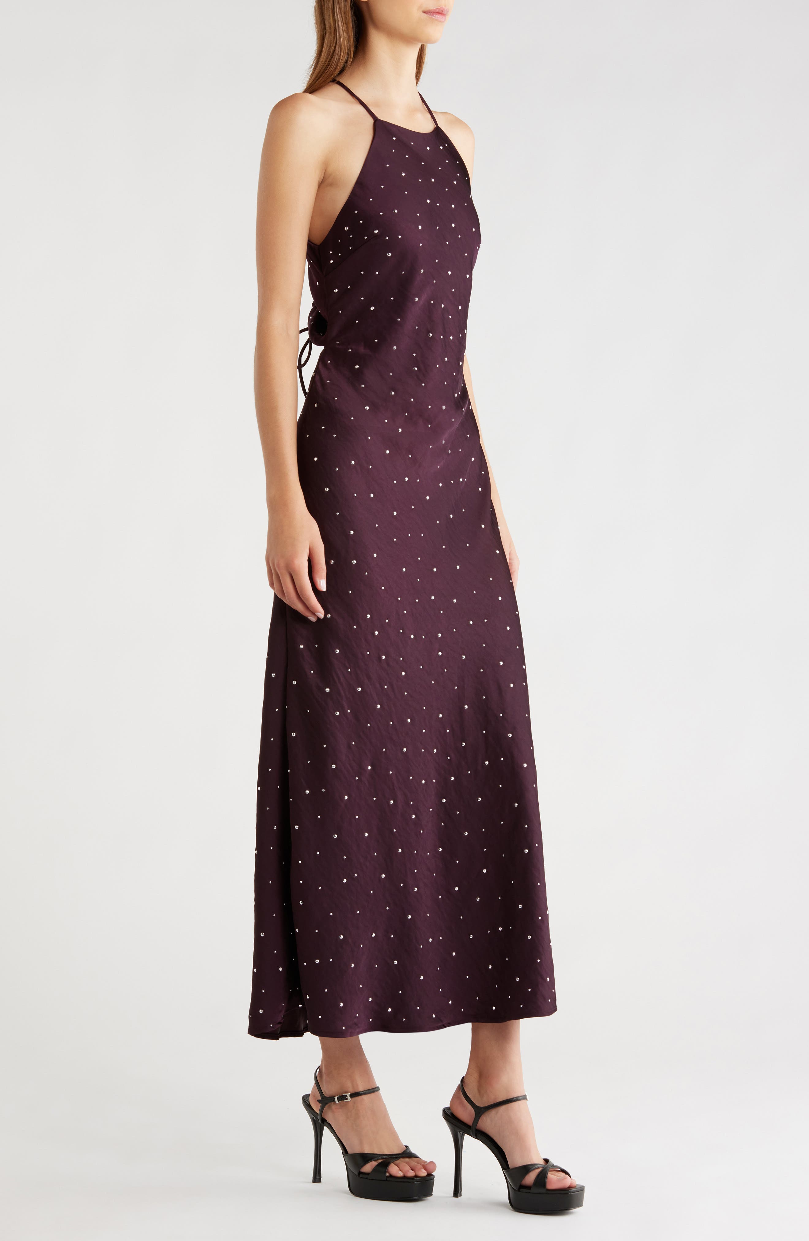 ASTR the Label Halley Rhinestone Open Back Satin Midi Dress | Nordstromrack