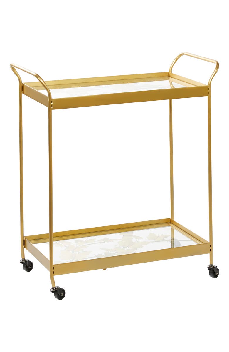WILLOW ROW Goldtone Metal & Glass 2-Shelf Rolling Bar Cart with Handles ...