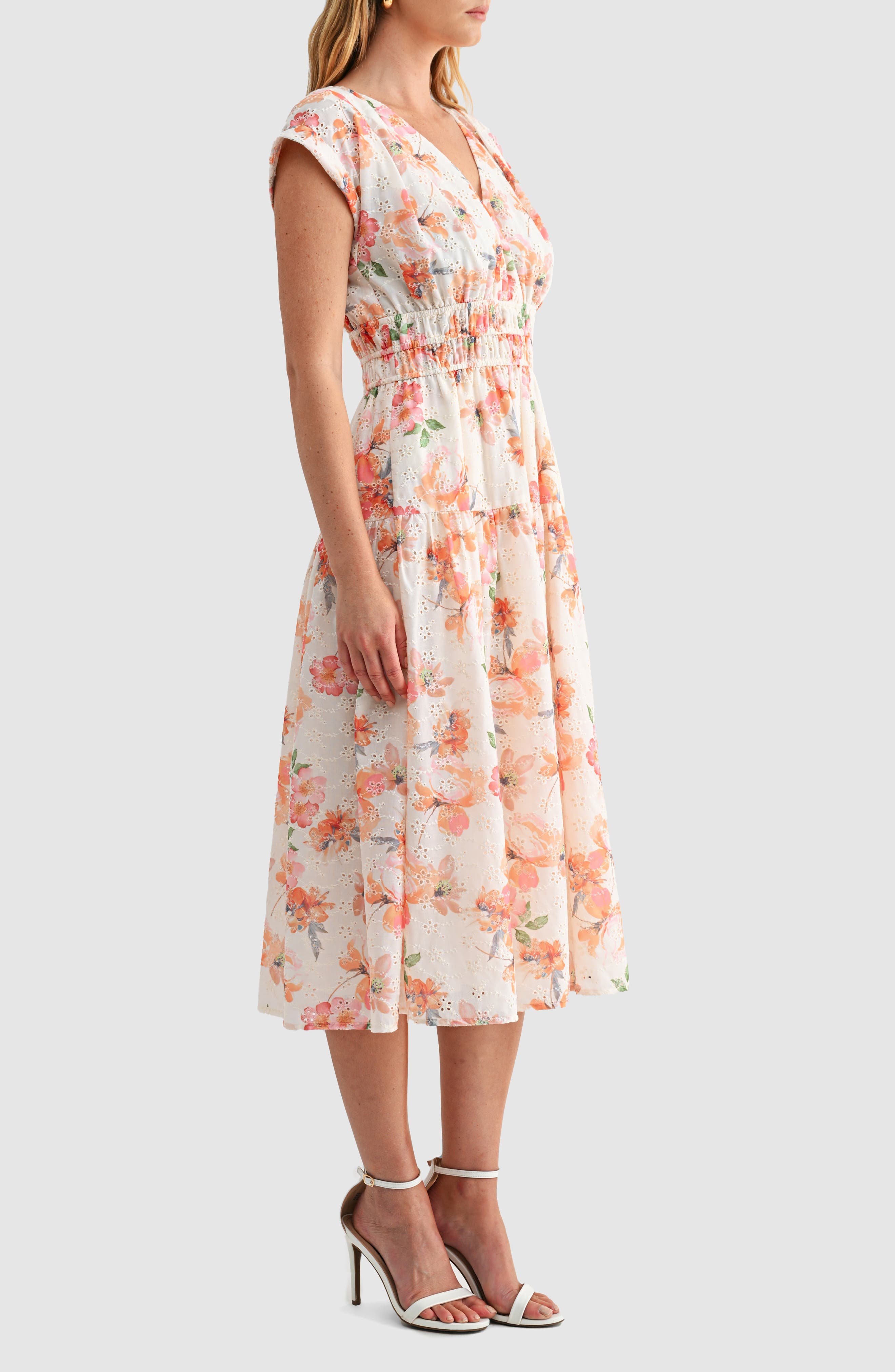 Floral Cap Sleeve Eyelet Cotton A-Line Midi Dress (Women) | Nordstromrack