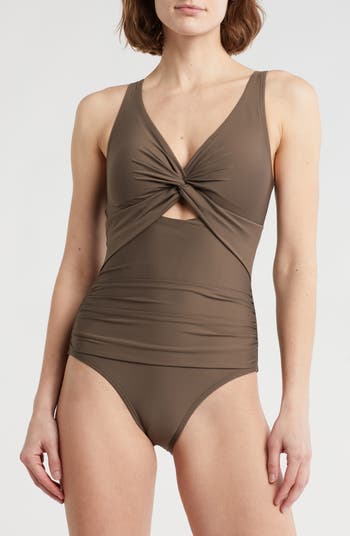 DKNY Deep V-Neck Keyhole Twist One-Piece Swimsuit DKNY Deep V-Neck Keyhole Twist One-Piece Swimsuit