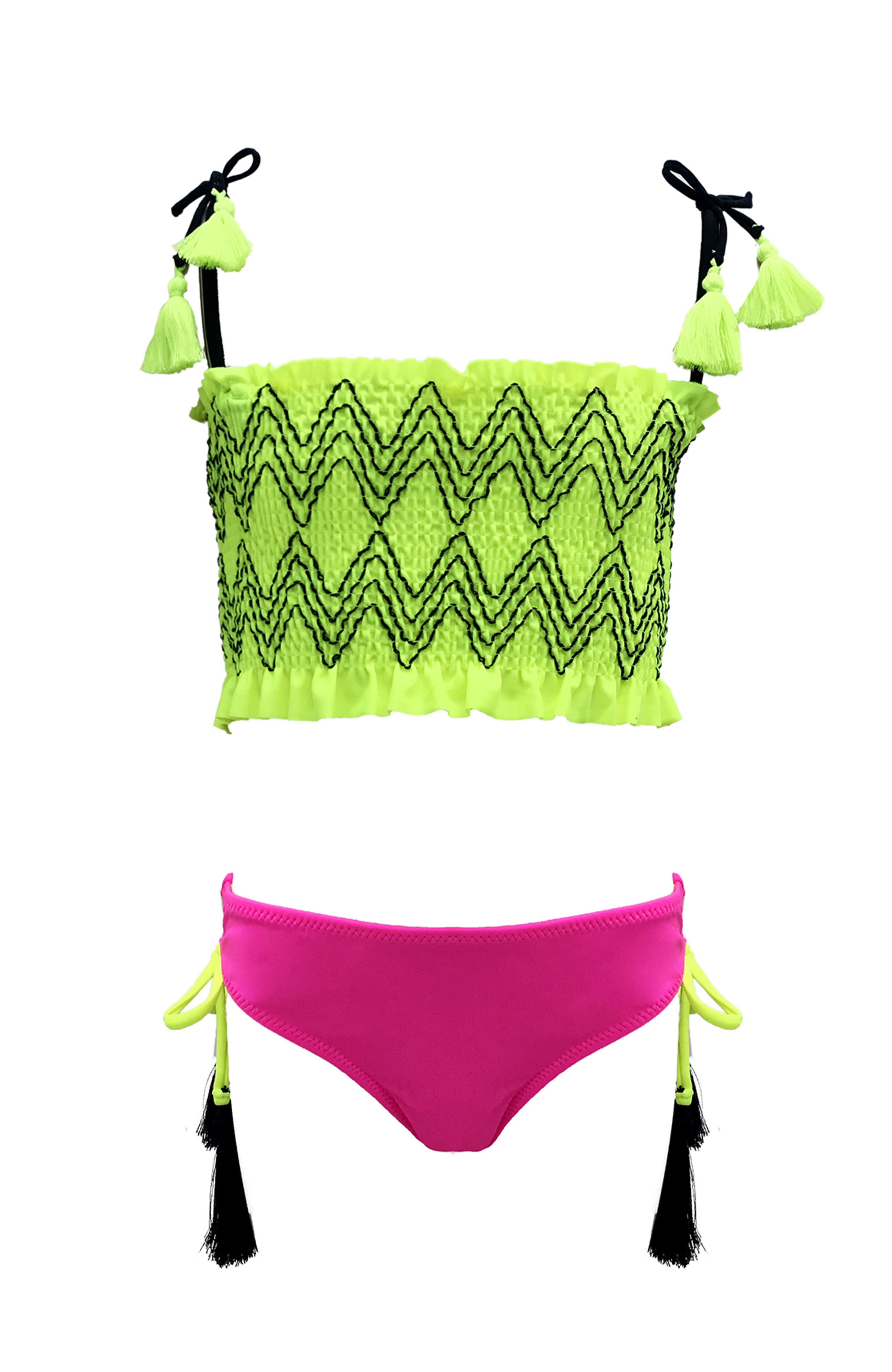 NESSI BYRD Stitch Shirred Bandeau Tassel Strap Two Piece Bikini,Toddler ...