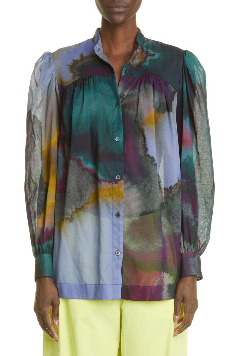 Dries Van Noten Cassan Watercolor Print Cotton Button-Up Blouse ...