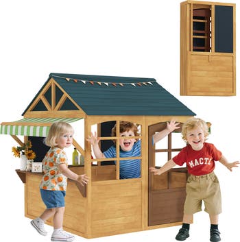 Qaba Outdoor Foldable Wooden Playhouse with Windows, Working Door ...