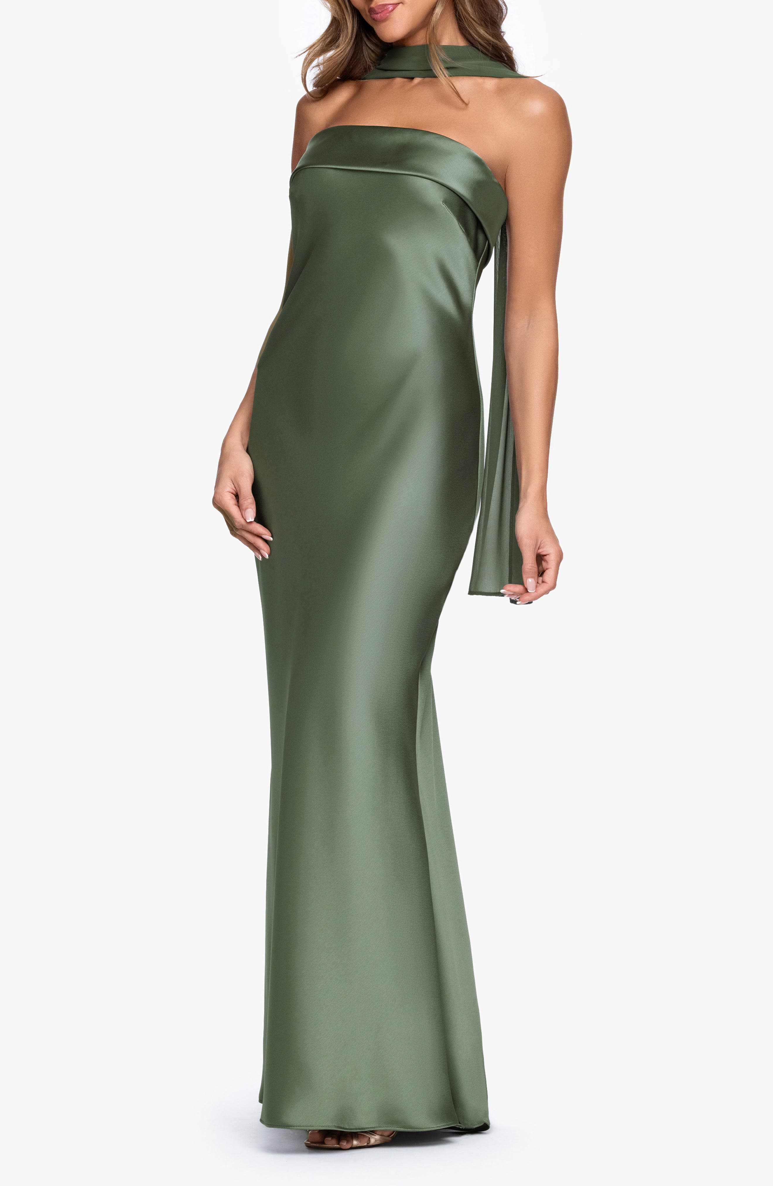 Xscape Evenings Strapless Satin Gown & Chiffon Scarf | Nordstrom