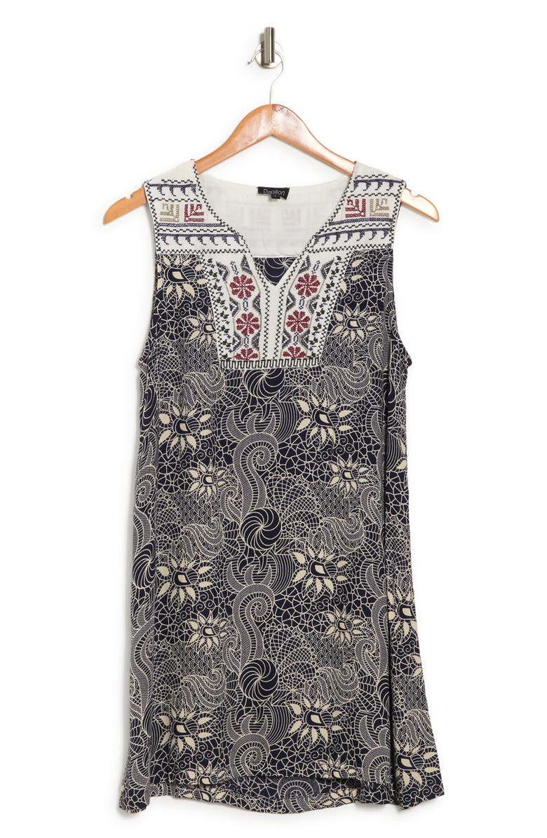 PAPILLON V-Neck Sleeveless Filigree Print Embroidery Yoke Dress ...