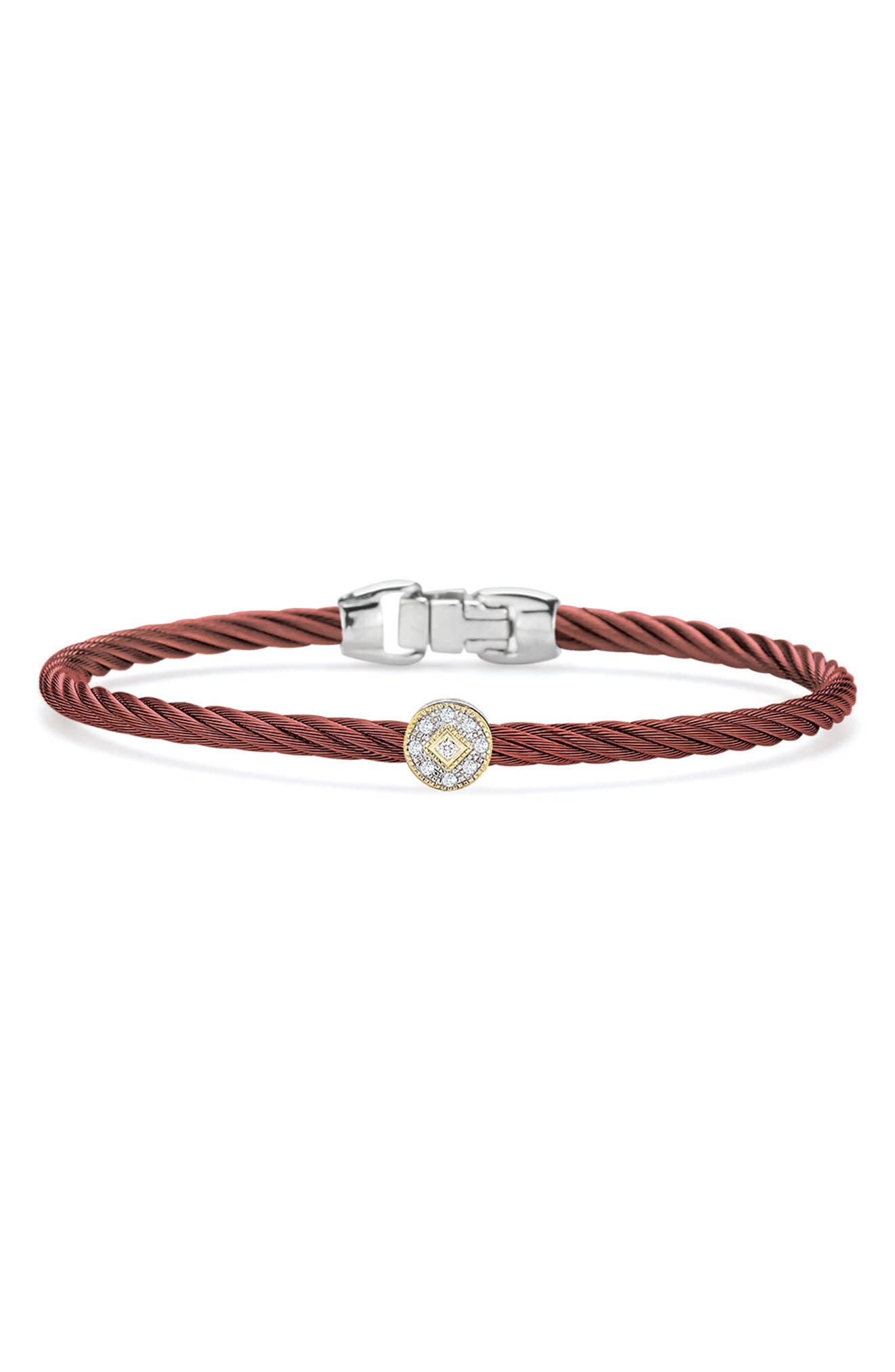 ALOR® Stainless Steel 3mm Burgundy Cable & 18K Yellow Gold Pave Diamond ...