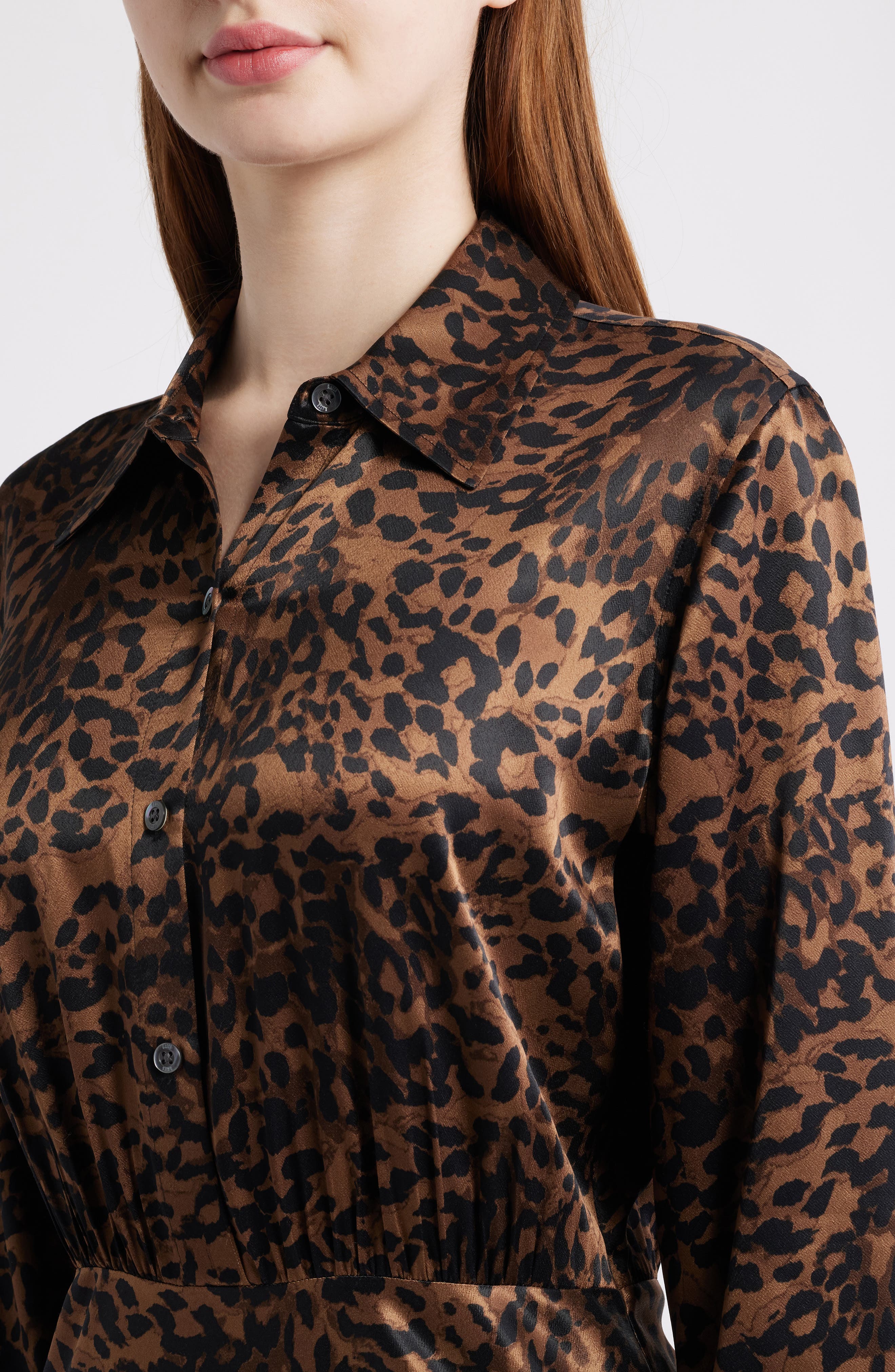 Rails Jazlyn Leopard Long Sleeve Satin Midi Shirtdress | Nordstromrack