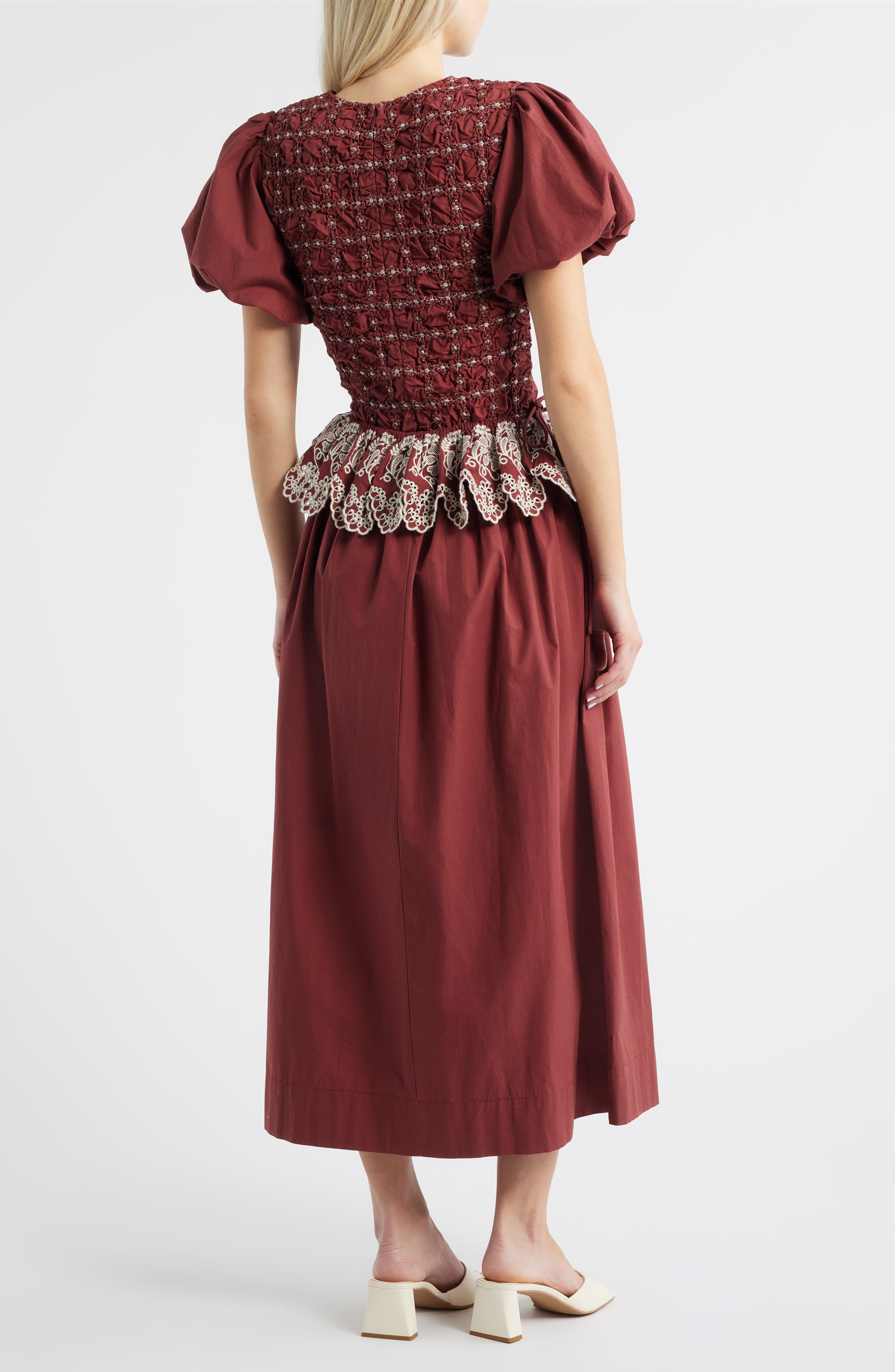 Damson Madder Audrey Smocked Puff Sleeve Organic Cotton Midi Dress ...