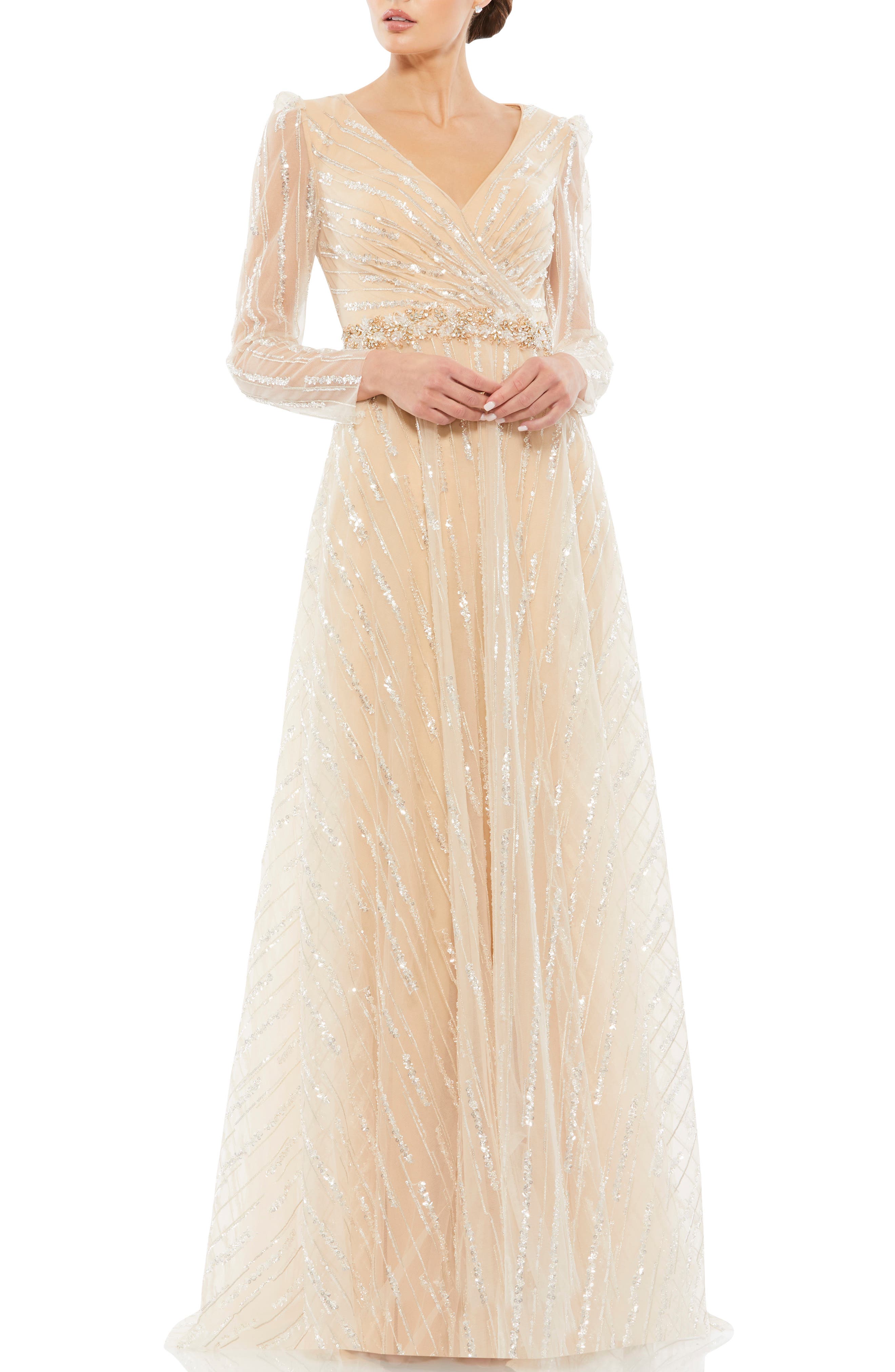 Mac Duggal Embroidered Net Long Sleeve A-Line Gown | Nordstrom