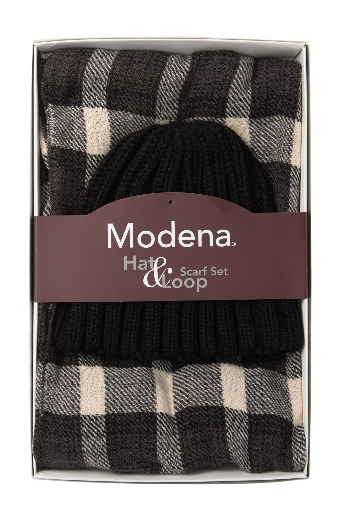 MODENA Rib Knit Beanie & Airspun Plaid Infinity Scarf 2-Piece Set ...