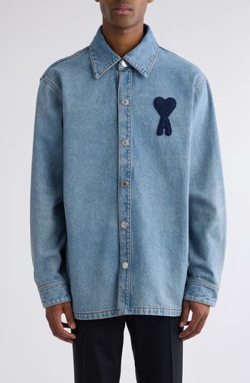 AMI PARIS Ami de Coeur Monogram Patch Denim Overshirt | Nordstrom