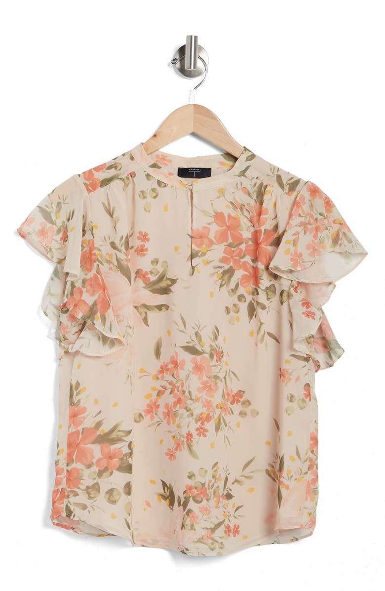 T Tahari Notched Neck Flutter Sleeve Floral Print Blouse | Nordstromrack